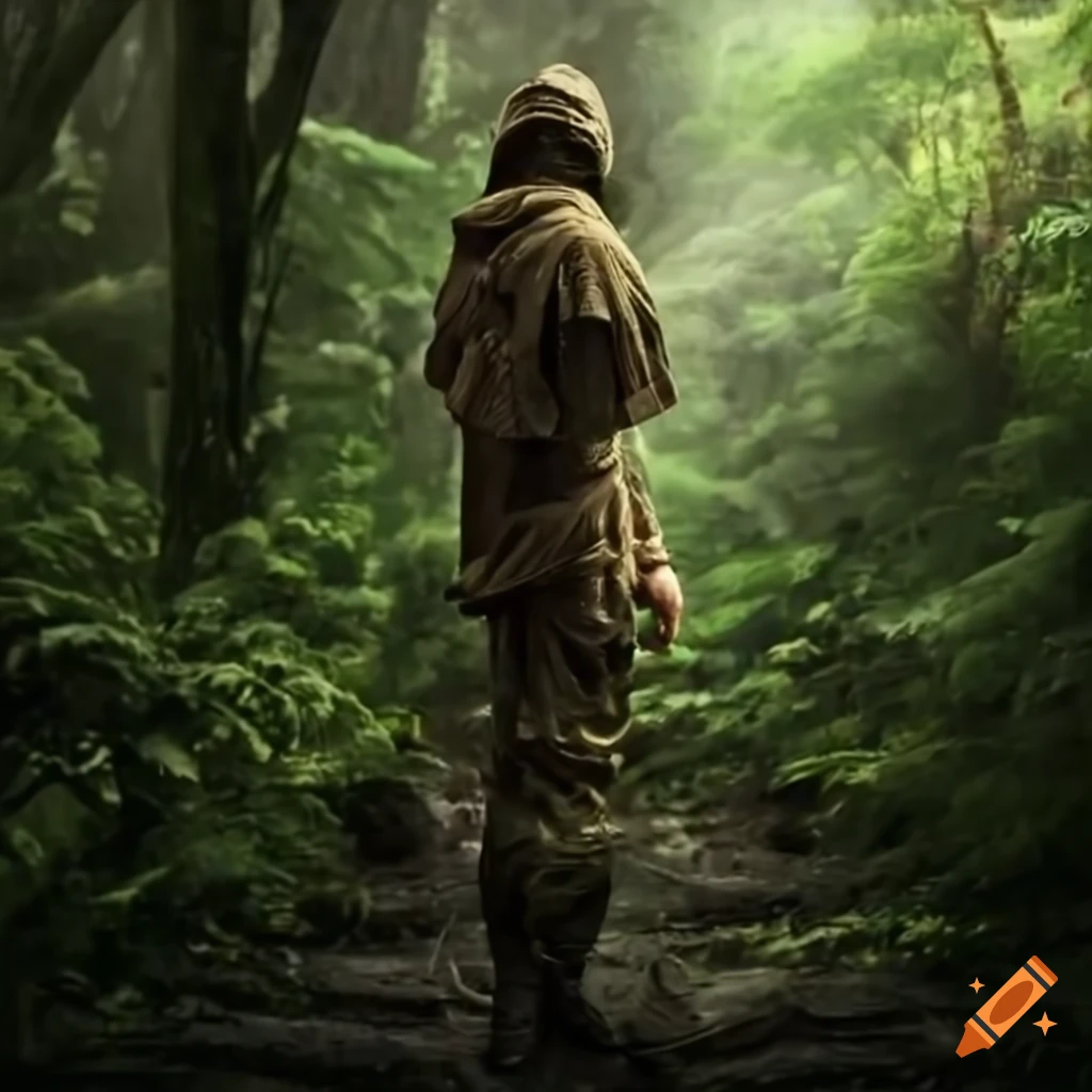 Creates an image of a man turned from the back in close-up adventurer ...