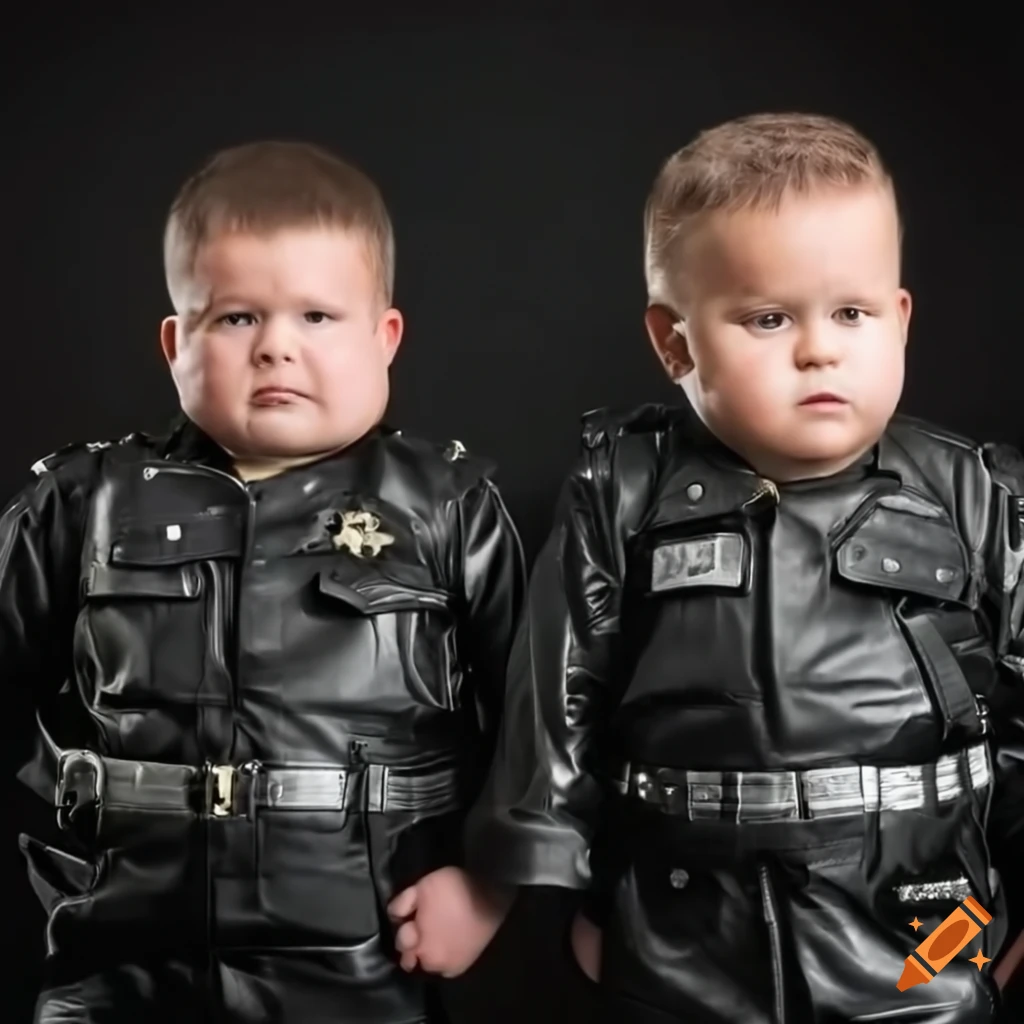 Two chubby toddler boys in full black slightly shiny leather police ...