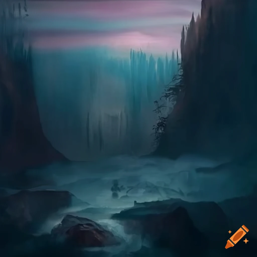 A vibrant, mysterious artwork exploring otherworldly landscapes on Craiyon