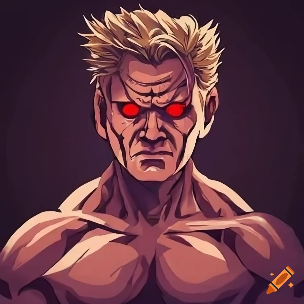 Gordon ramsay as a muscular anime villain with red eyes in a propaganda ...