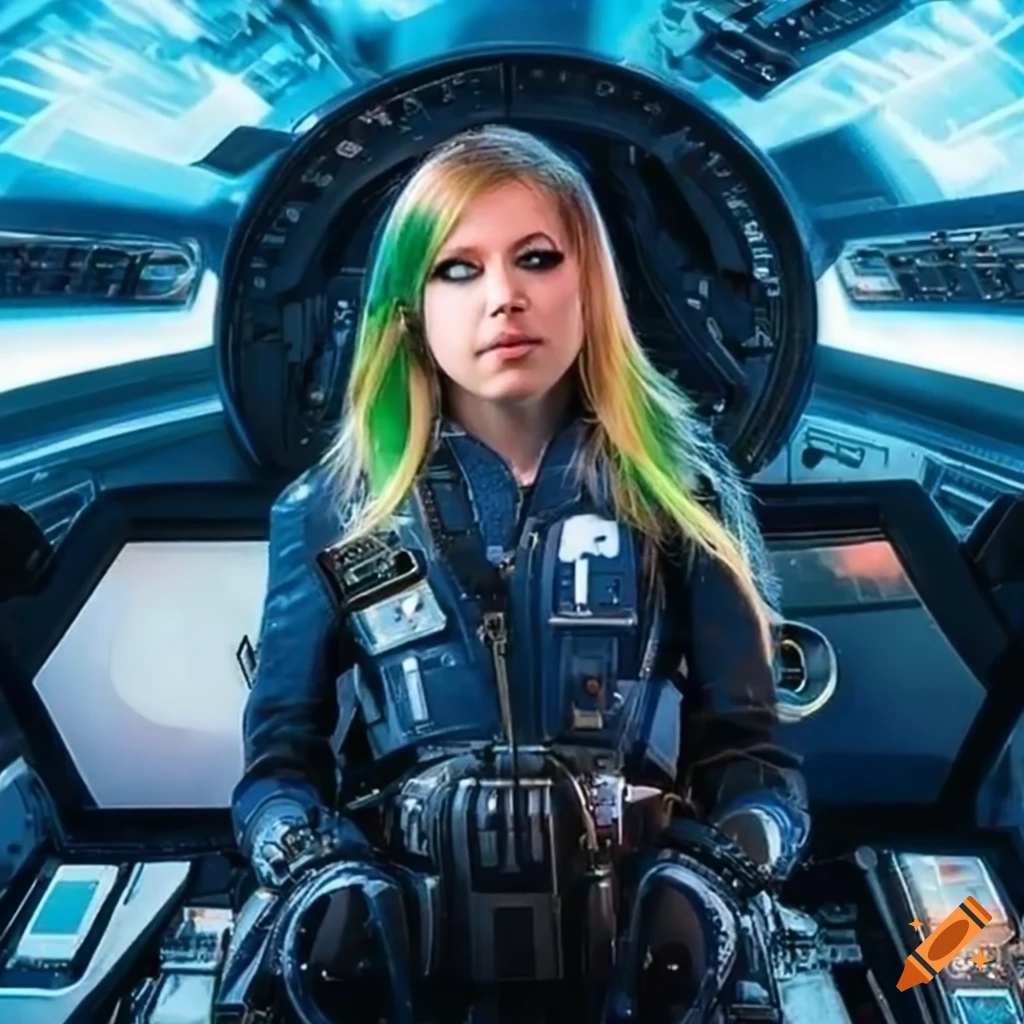 Sci, fi avril lavigne in a cockpit in a spaceship and a robot co pilot ...
