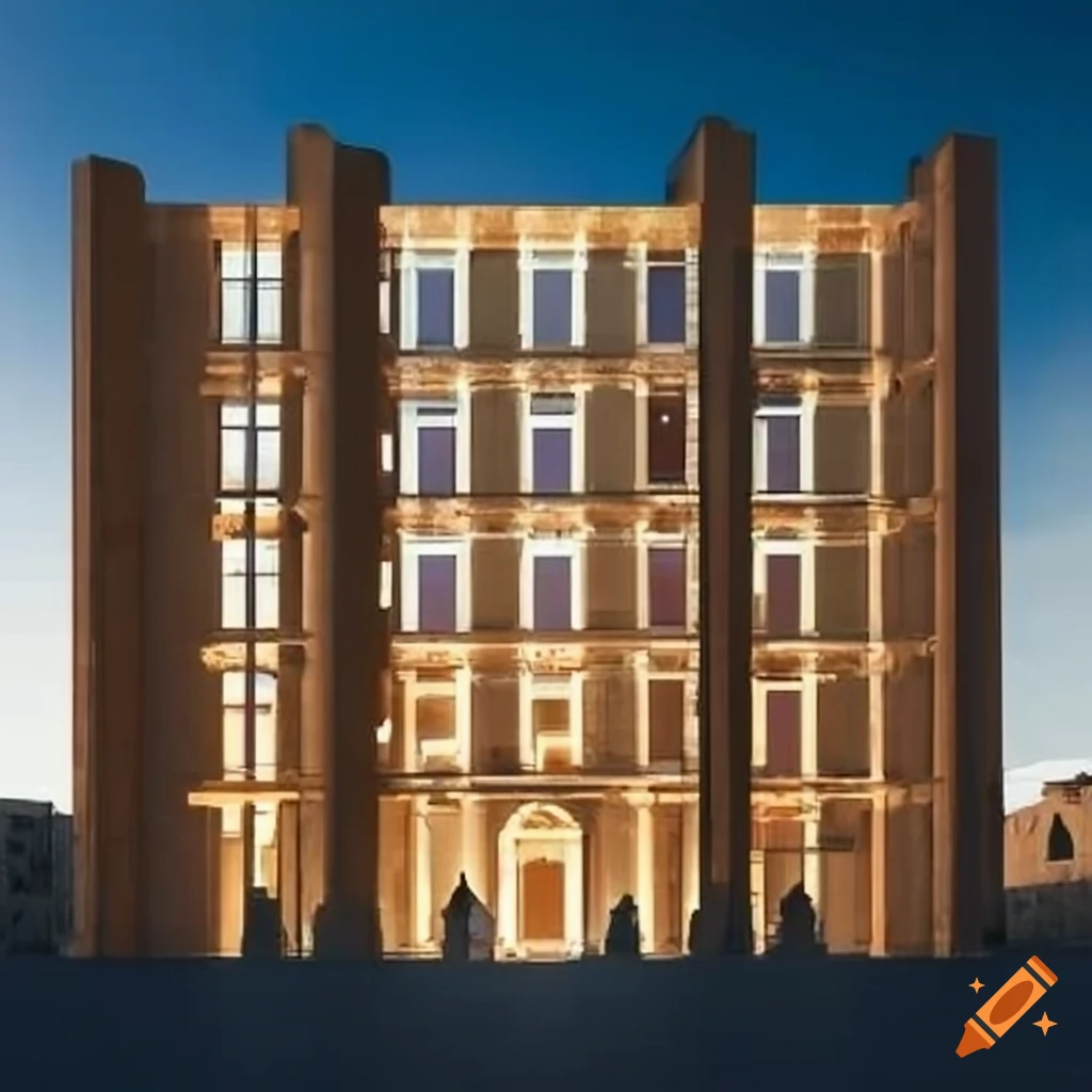 A modern five floor building with Jerusalem stone facade and columns on ...