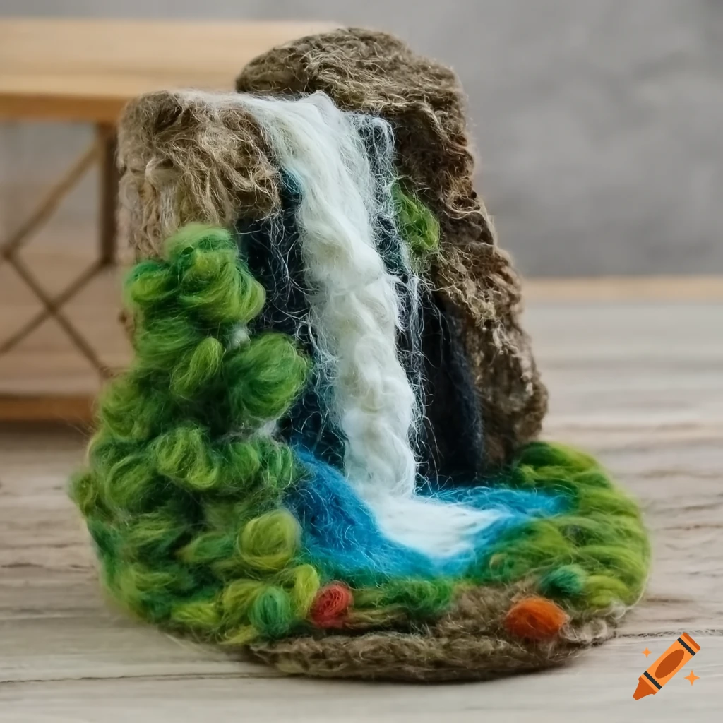 Miniature wool figure of a waterfall, wool sculpture, product photo
