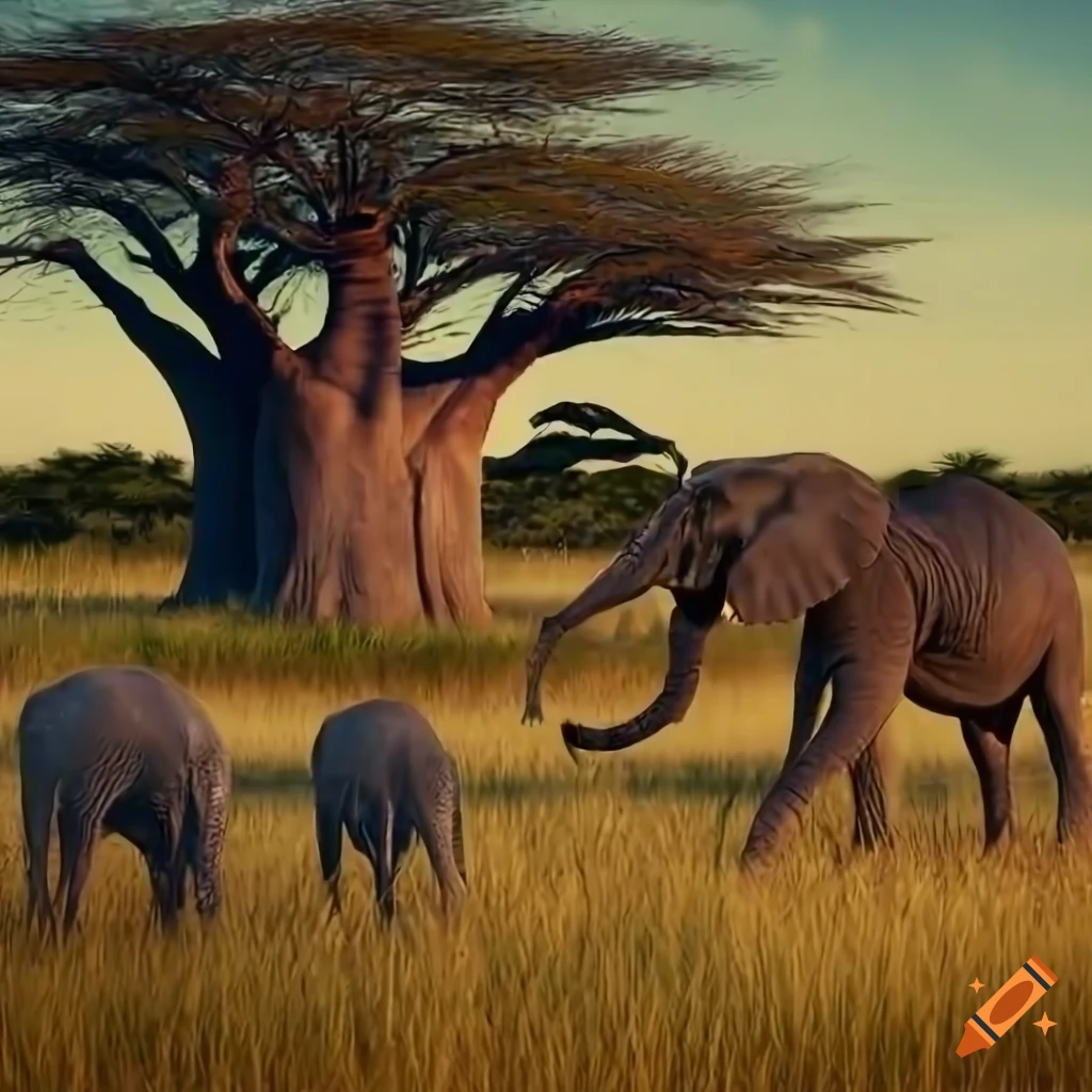 Illustration of a savannah environment with a tree on the left with a ...