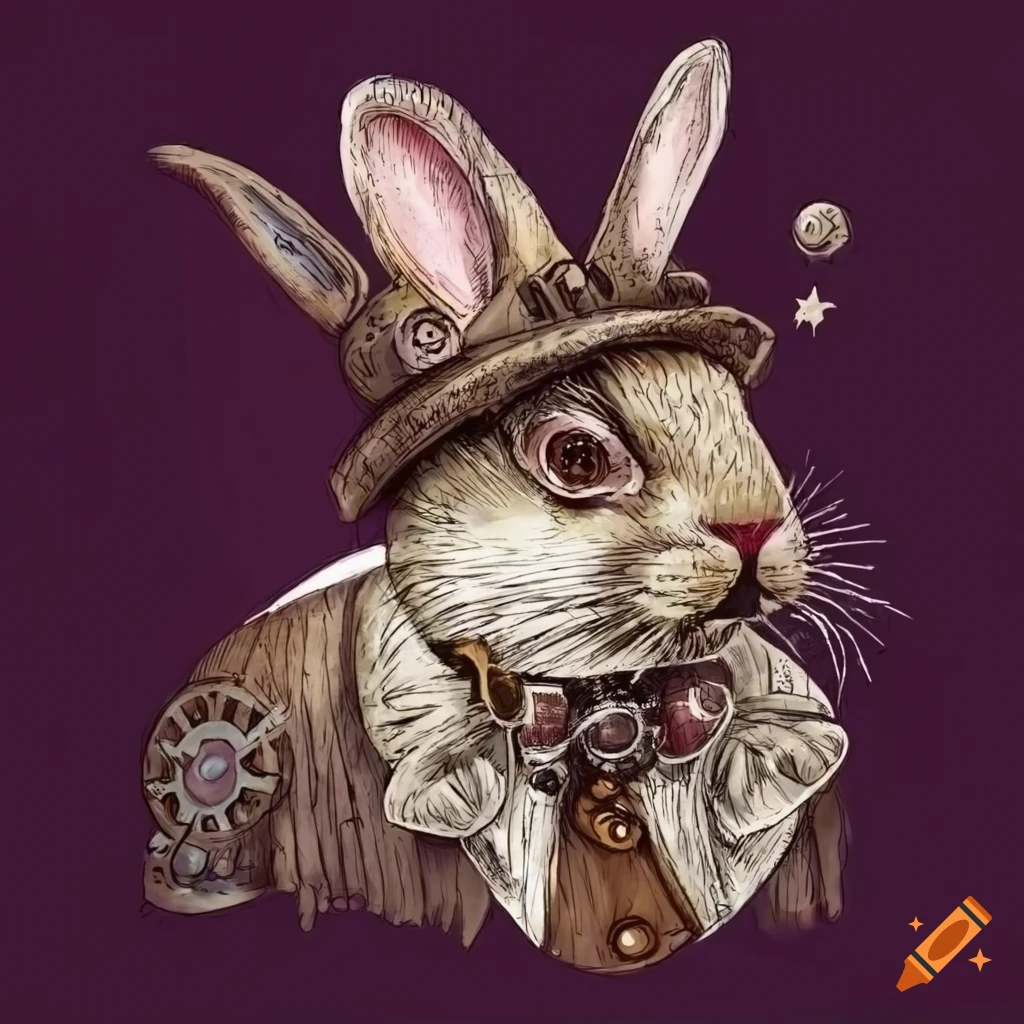 Detailed illustration of a steampunk-inspired rabbit with clothes and ...