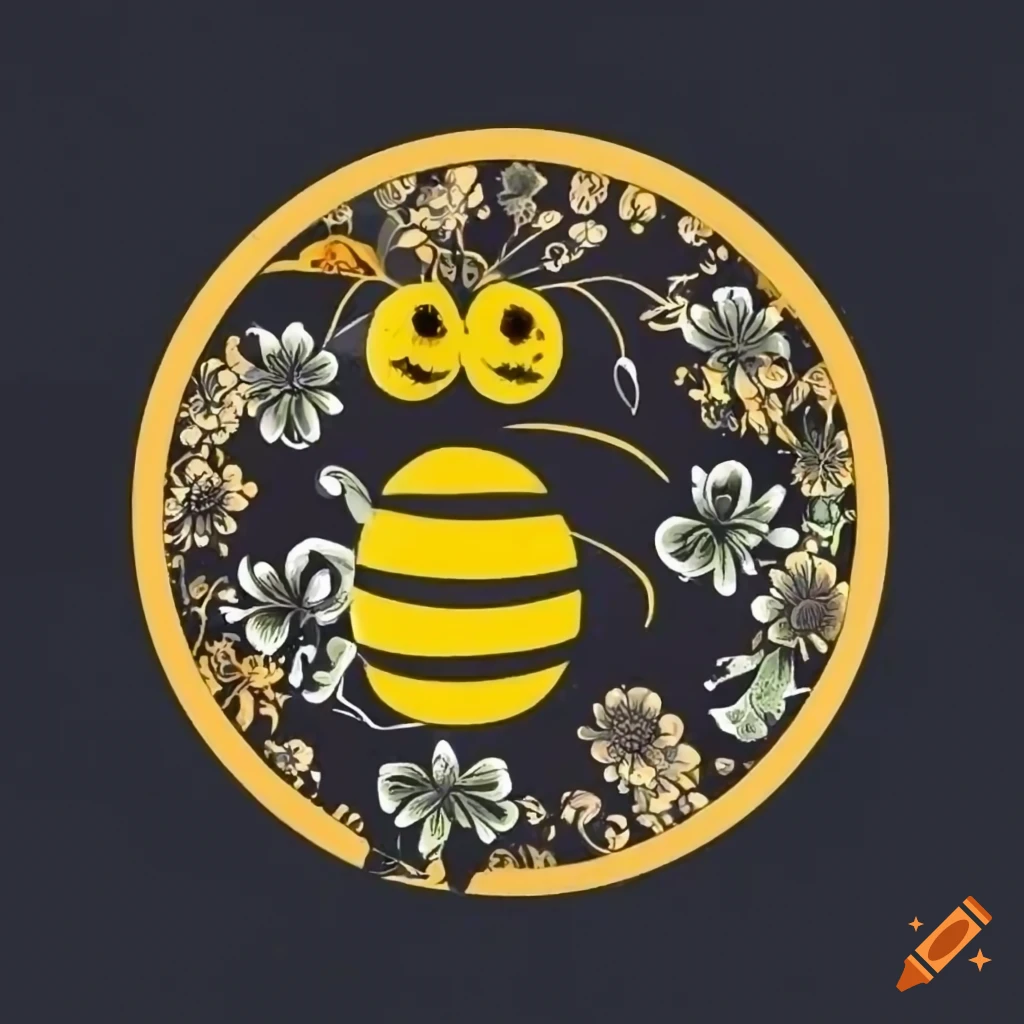 A simple cute bee design with floral elements in a circle on Craiyon