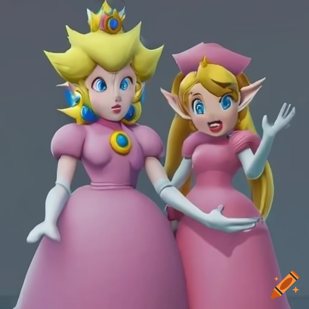 Princess peach and link pose together, wearing peach´s pink ballgowns ...