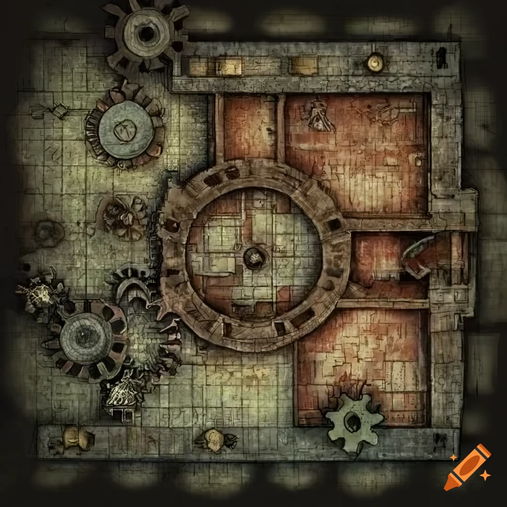 A d&d style grid map of an underground derelict steampunk workshop with ...