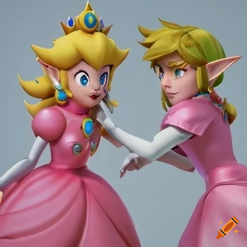 Princess Peach and Link pose together, wearing Peach´s pink silk ...