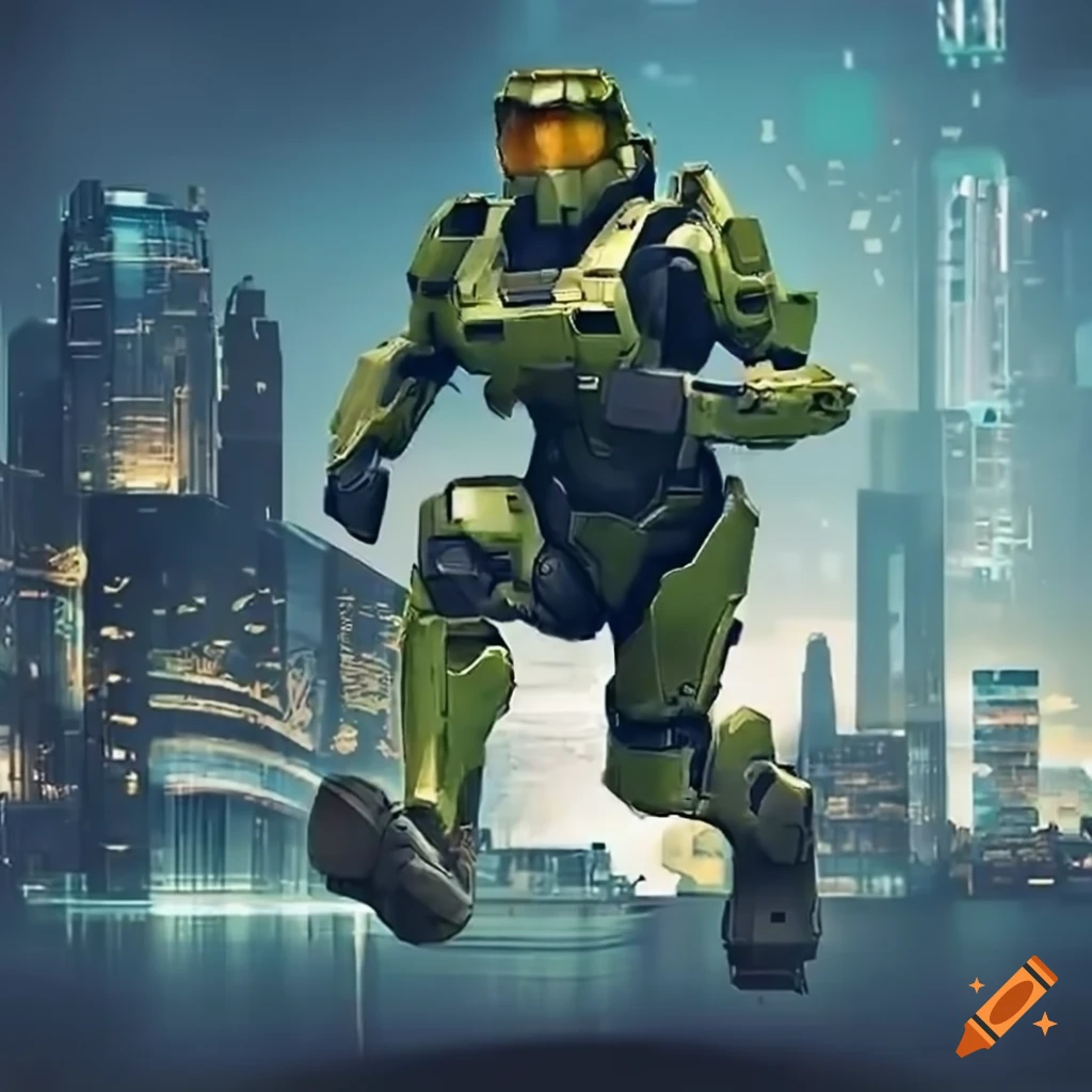Master chief sprinting through futuristic urban landscape on Craiyon
