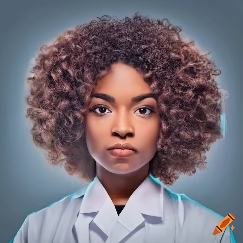 Photo portrait young black woman scientist in a white lab coat with ...