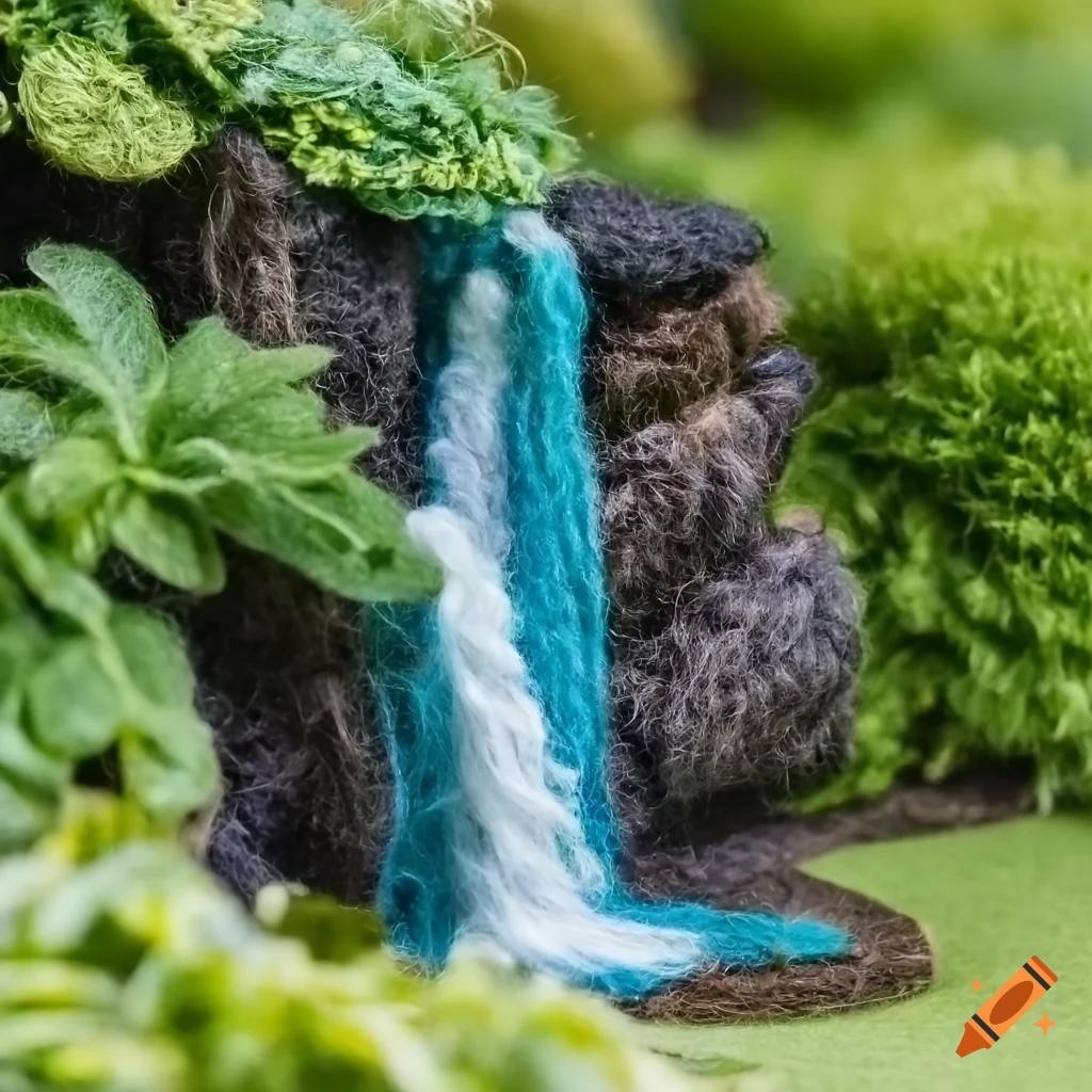 Miniature wool figure of a waterfall, wool sculpture, product photo