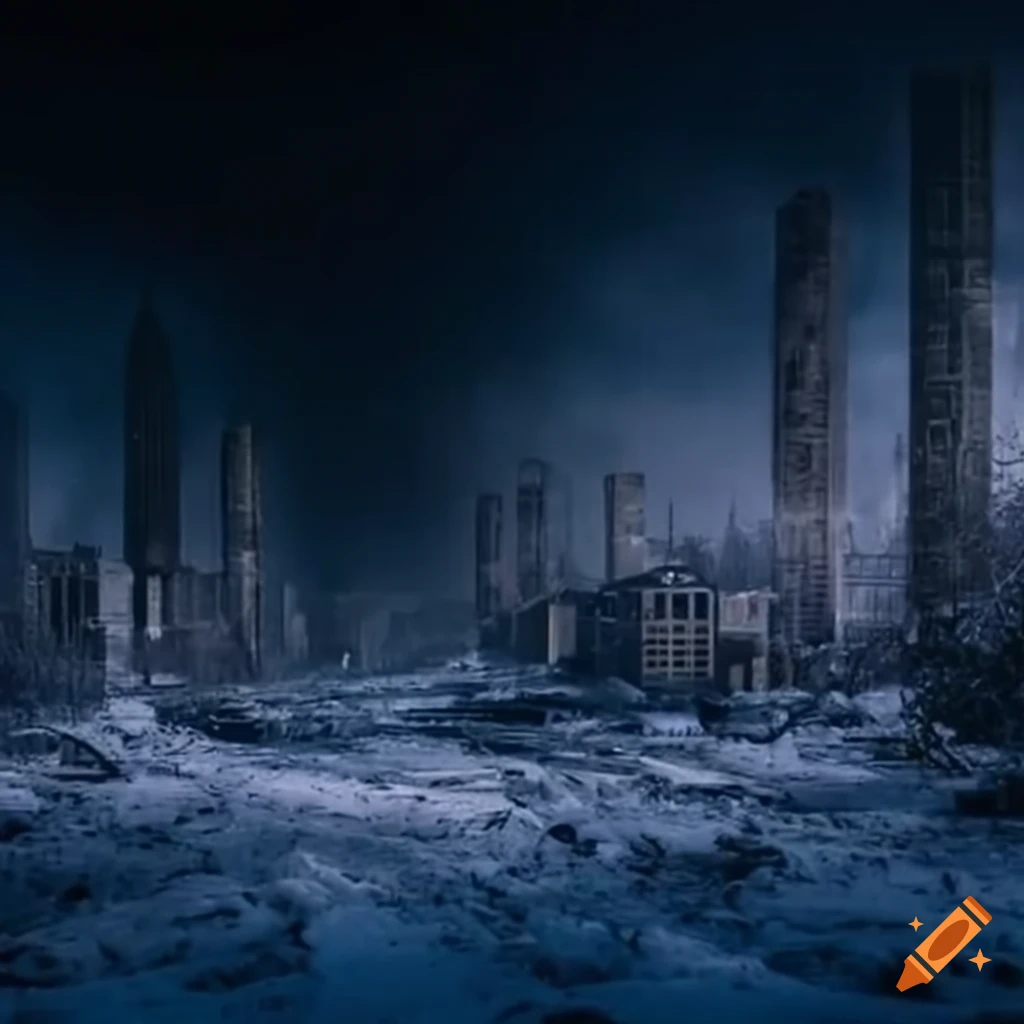Abandoned City in a harsh blizzard with ice spikes growing everywhere ...