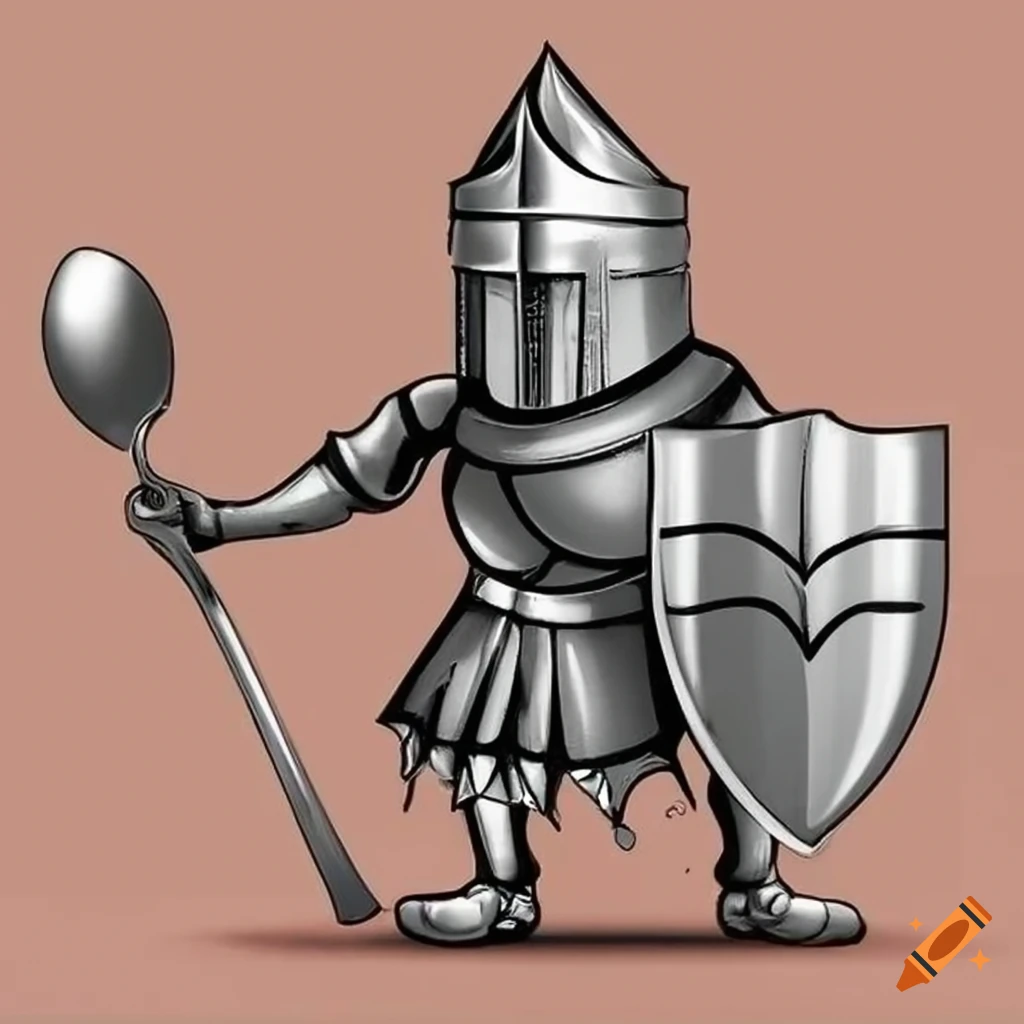 Knight holding up a long handles tea spoon triumphantly on Craiyon