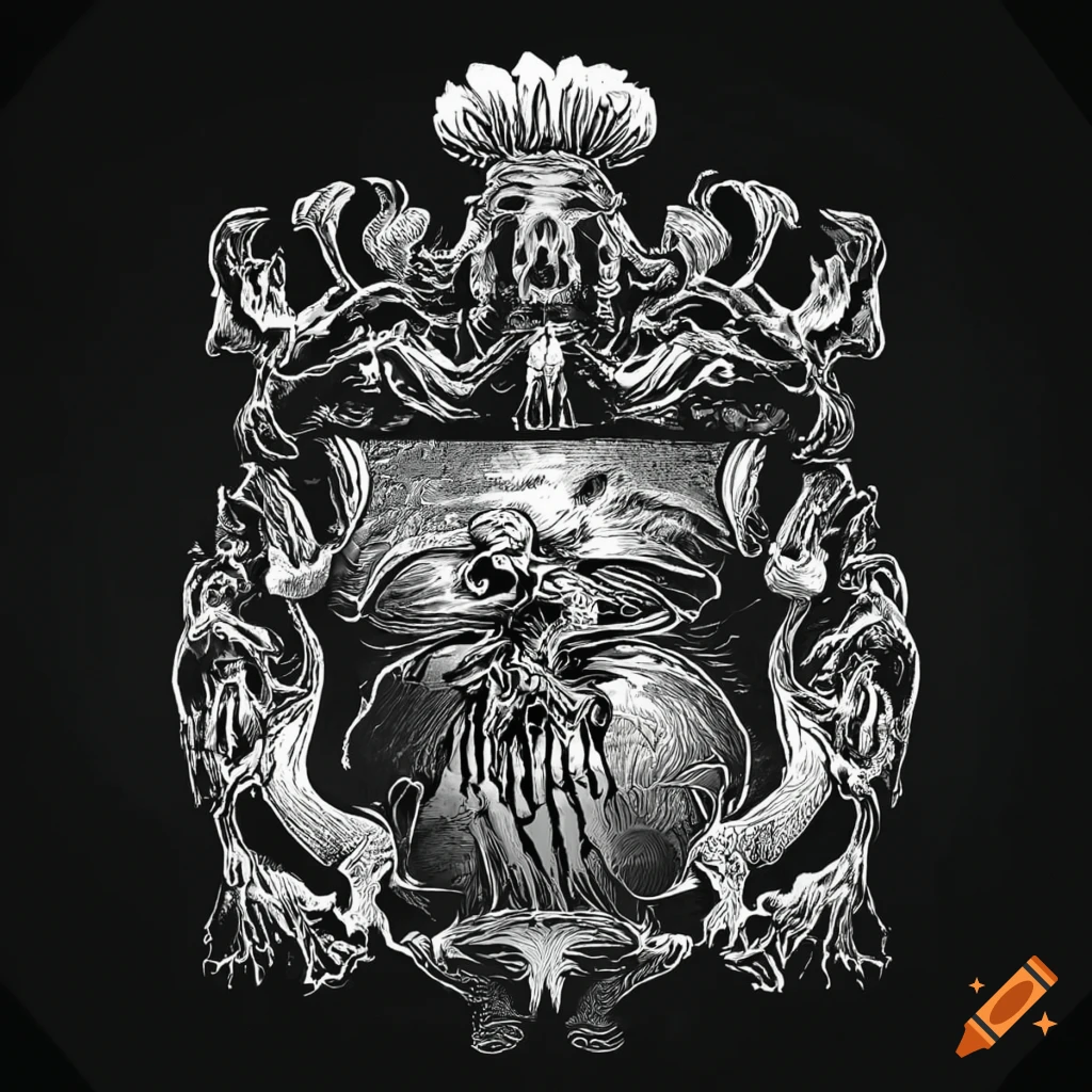 A haunting coat of arms featuring death and an elegant skeleton rat ...