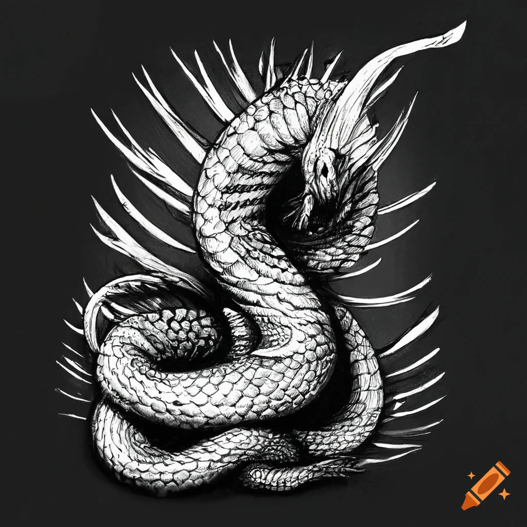 Mythical snake creature, drawing, ink, sketch, black and white ...