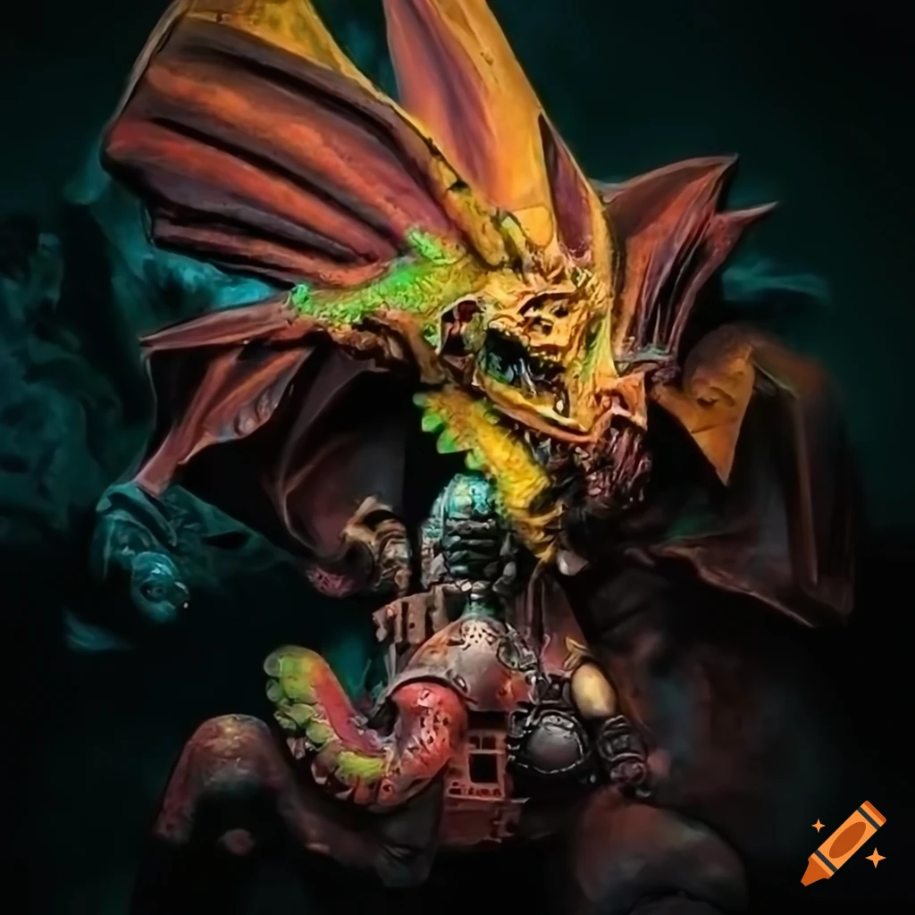 Closeup of a fruit bat riding a dragon into battle in warhammer 40k as ...