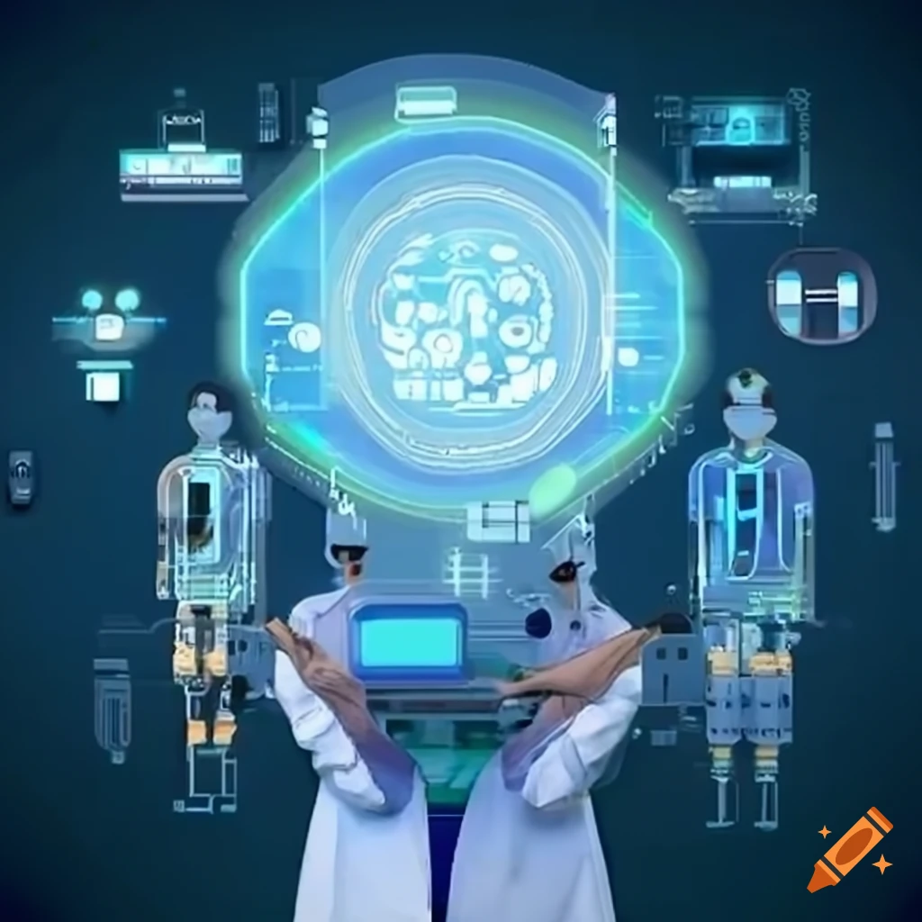 Imagine an illustration featuring a futuristic hospital equipped with ...
