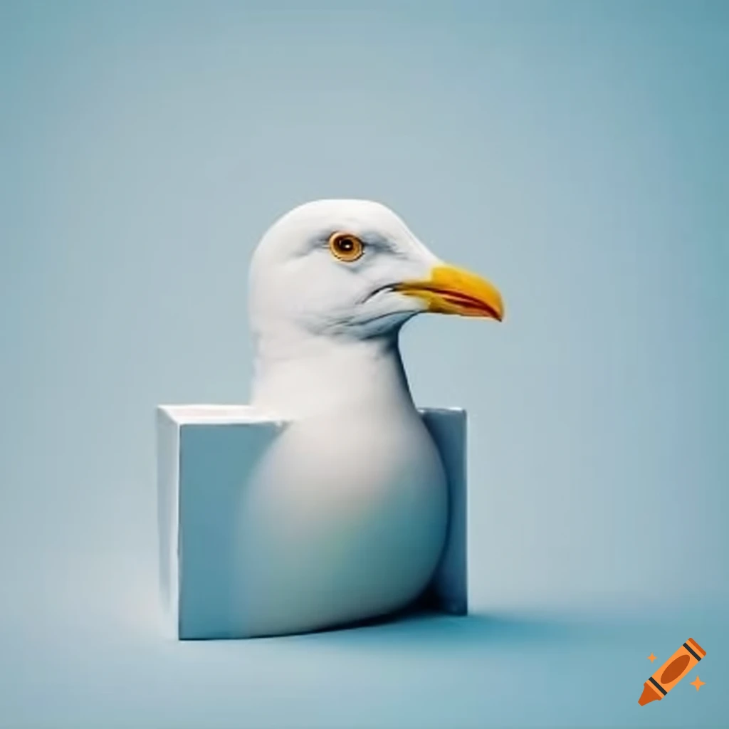 A white box with a seagull head on top and wings on the side