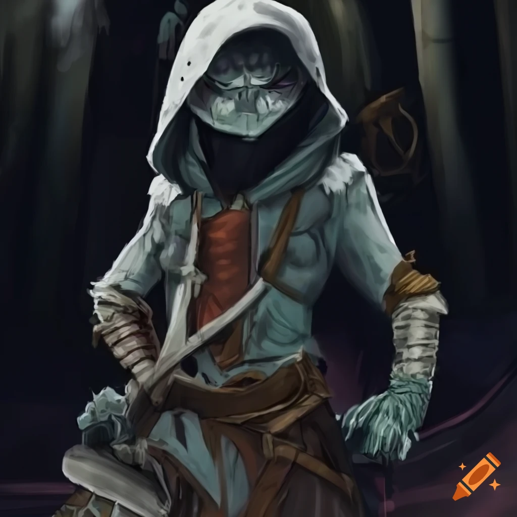 A kobold dnd with a mask in the face and a hood on Craiyon