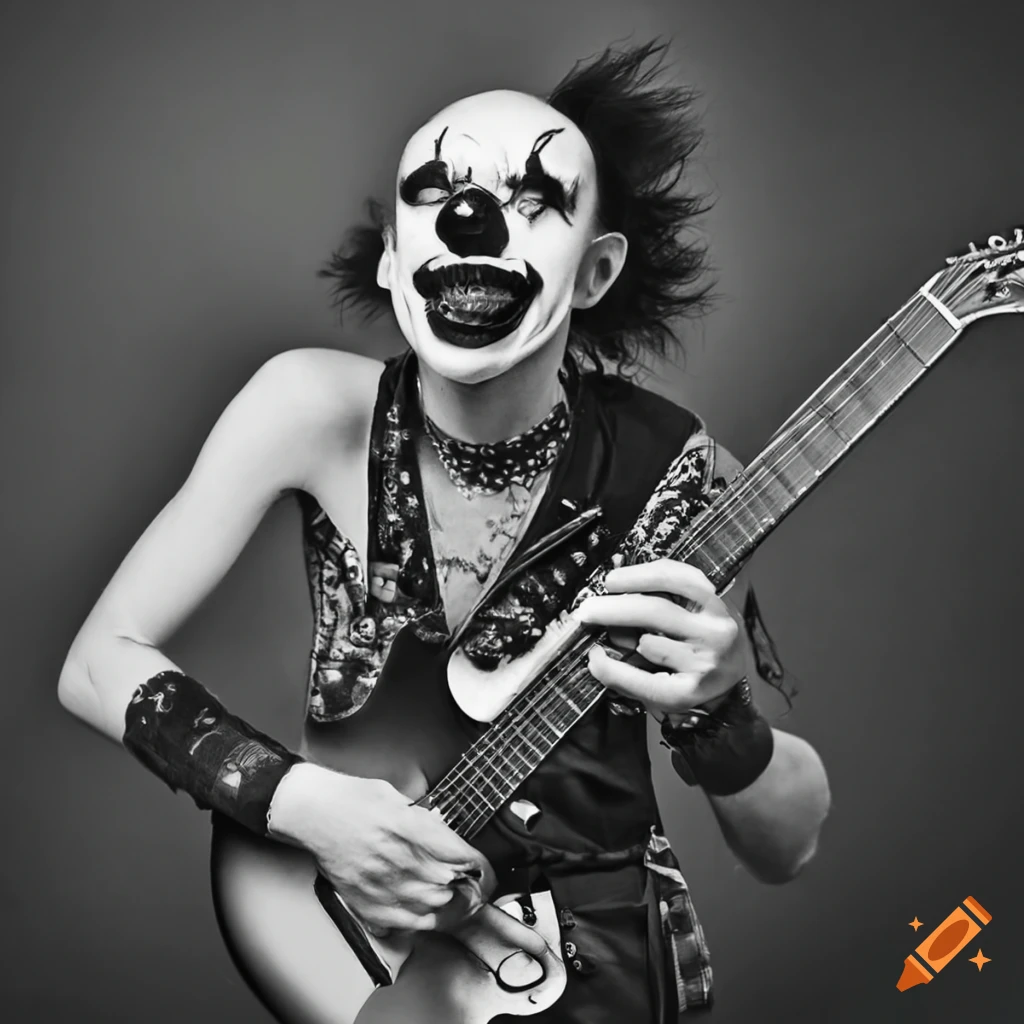 Punk mosh pit full of punk clowns playing guitar black and white on Craiyon