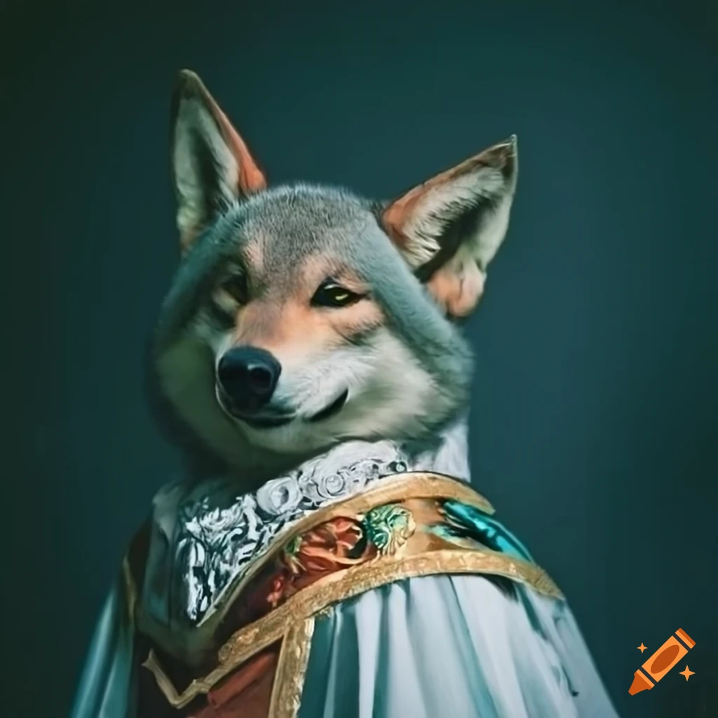Portrait of anthropomorphic wolf wearing royal gown