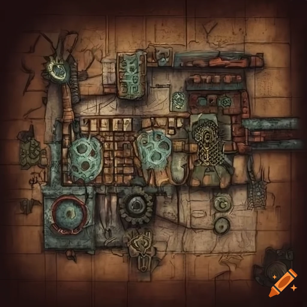 A D&D style grid map of an underground derelict steampunk workshop with ...