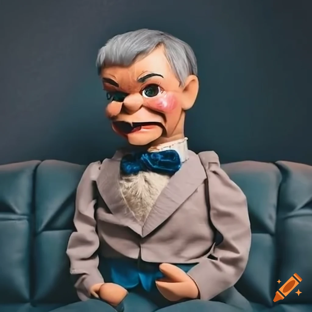 A grey haired angry RFK Jr ventriloquist doll sitting on a couch on Craiyon