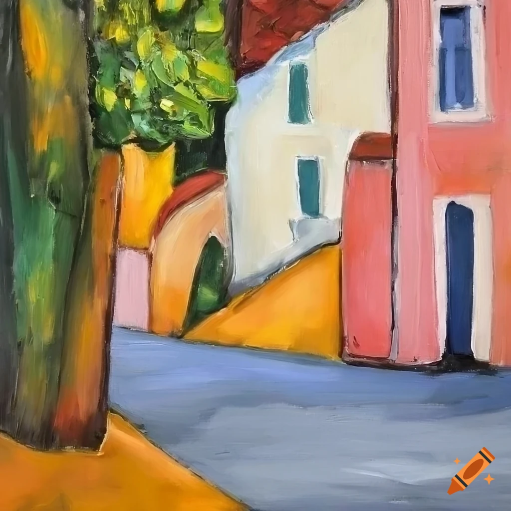 Modigliani inspired oil painting of a quaint town with a minimalist ...