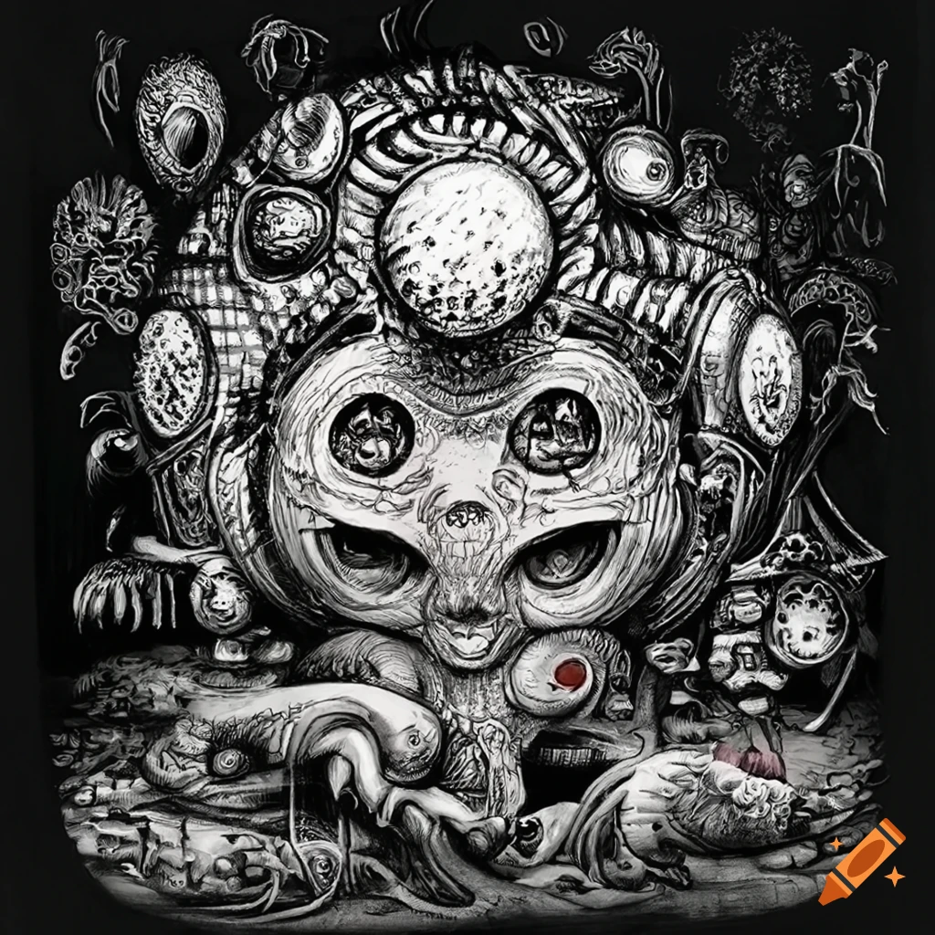 Joe Fenton drawing decor black and white microcosme many creatures ...