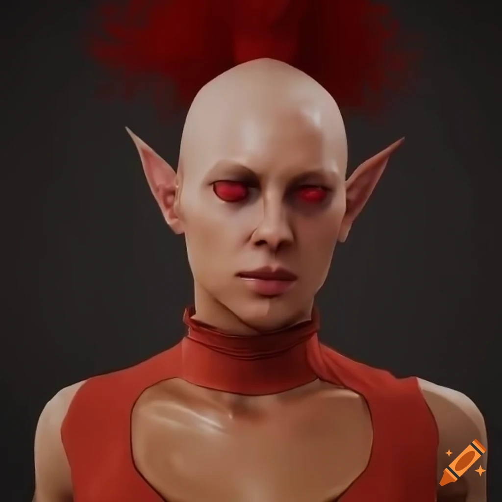Unreal engine 5 pale-white-skinned, shaved head with red ponytail ...