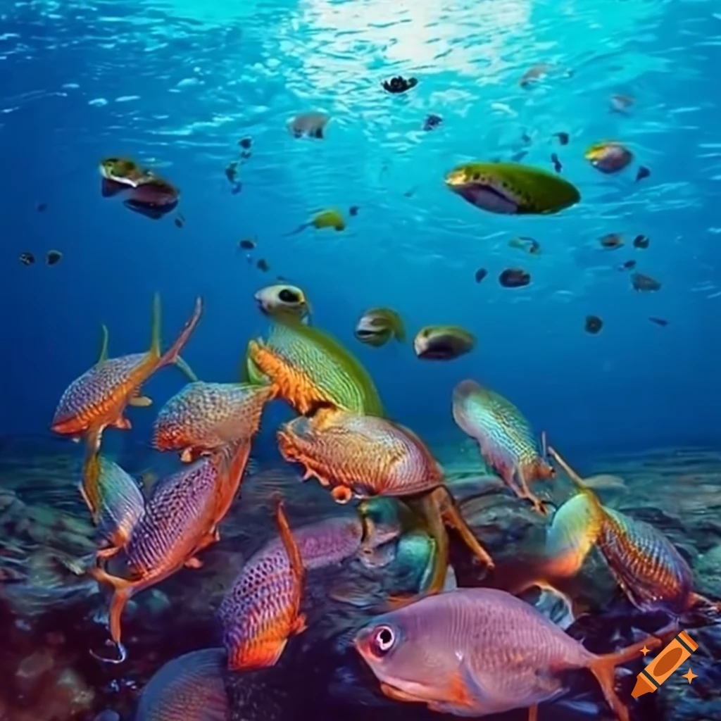 Group of sea fish living outside of water and enjoy it on Craiyon