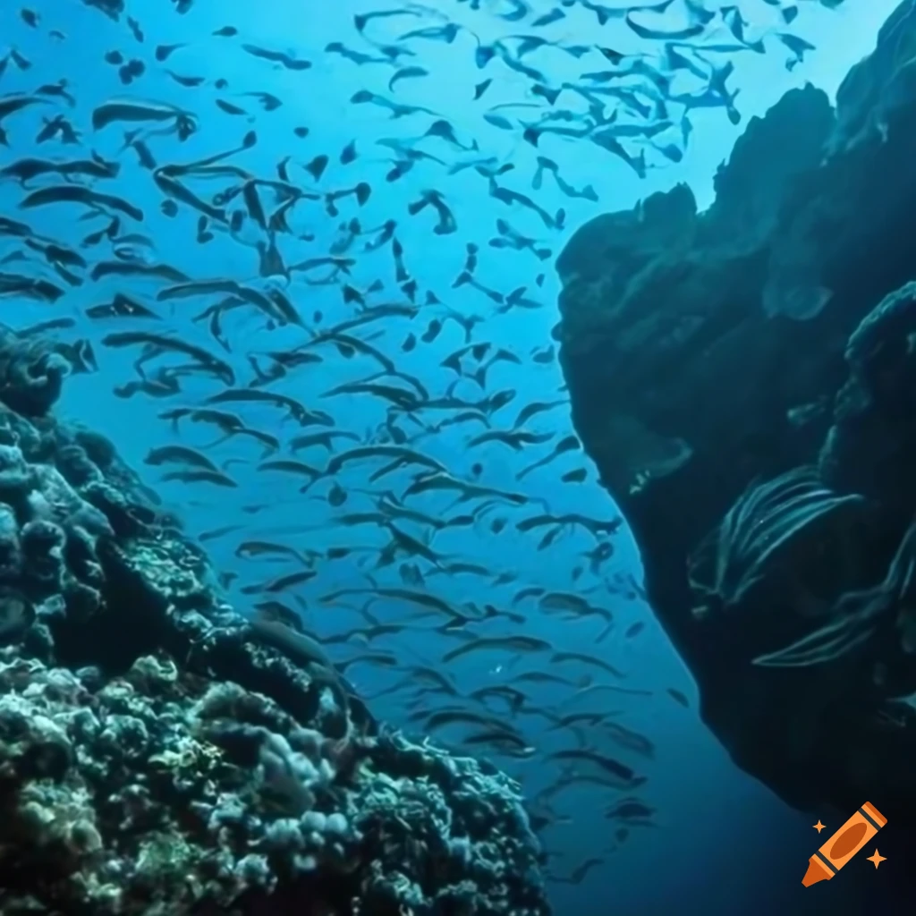 Create a photo of a school of small sinister fish at the bottom of the ...