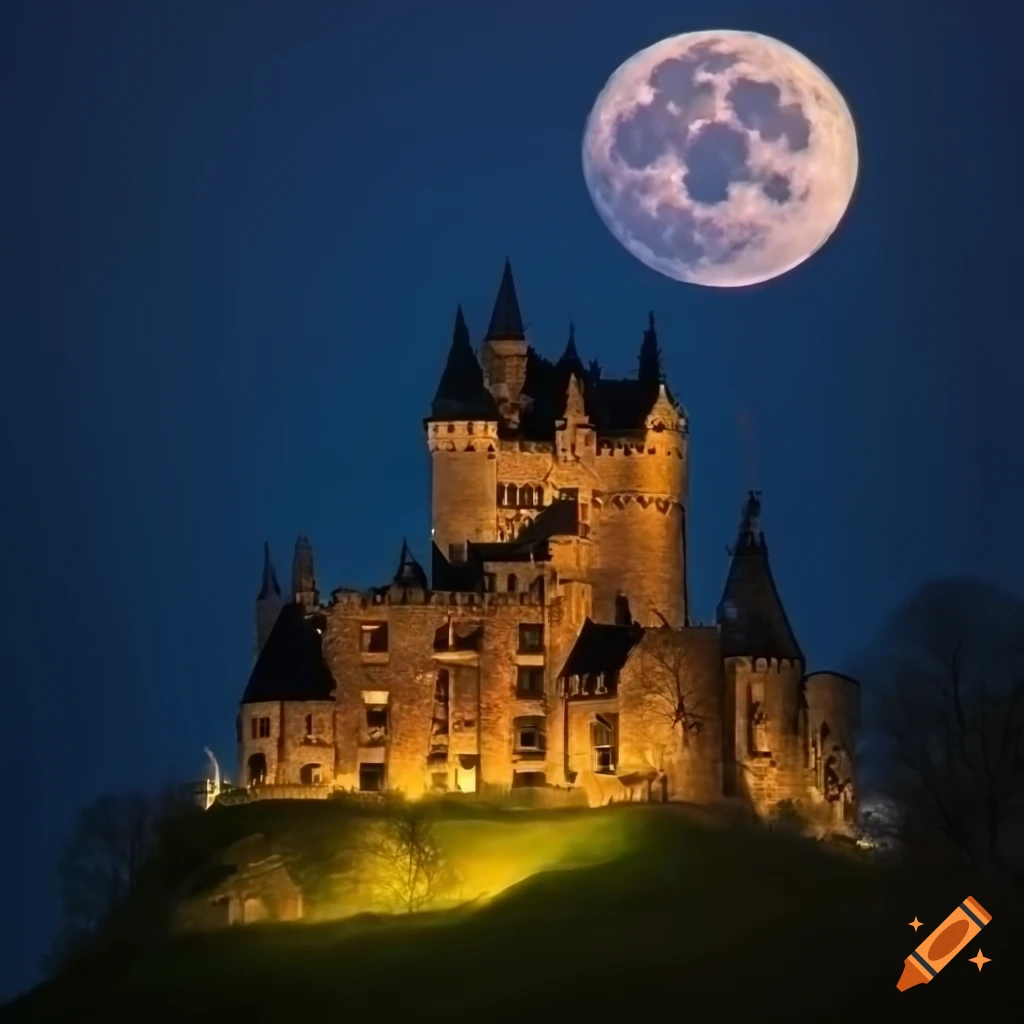 A castle with lighted windows perched on a high hill next to a lake at ...