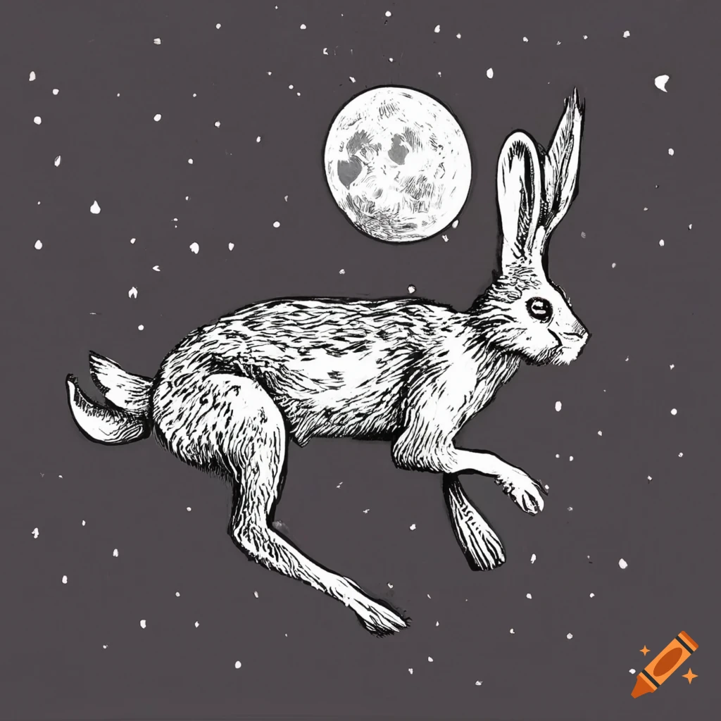 Hare leaping up at the moon woodcut on Craiyon