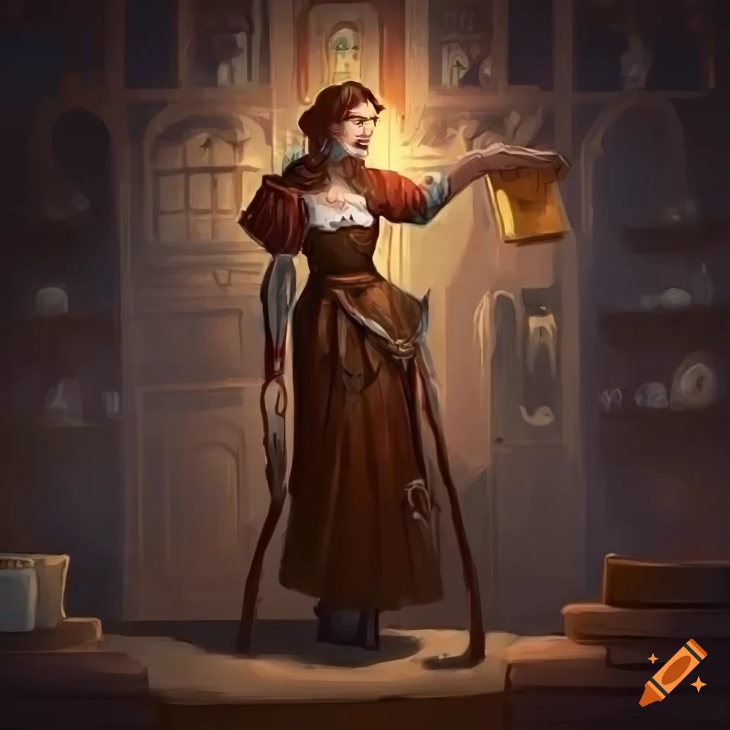 A shopkeeper standing in an item shop, fantasy art style on Craiyon