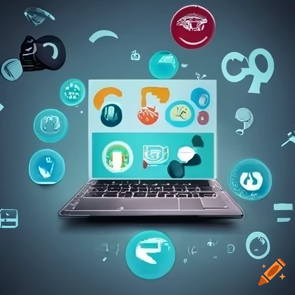 Digital marketing concept with laptop and social media icons on Craiyon