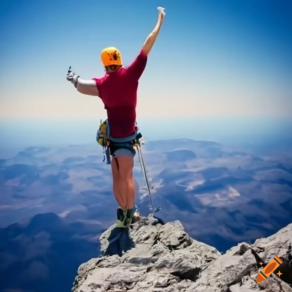 A climber celebrating on top of a high mountain on Craiyon