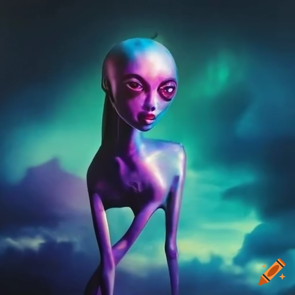 Iridescent 1940s alien woman riding a horse through the sky