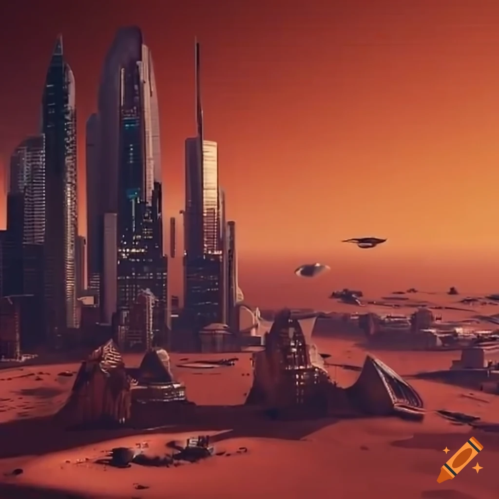 Futuristic cityscape on Mars with towering skyscrapers and flying ...