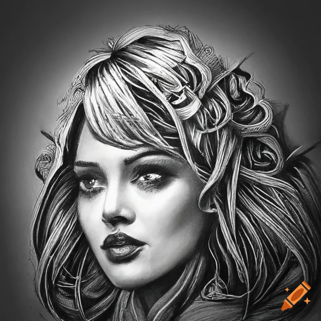 Intricate ink drawing of Tsunade from Naruto series on Craiyon