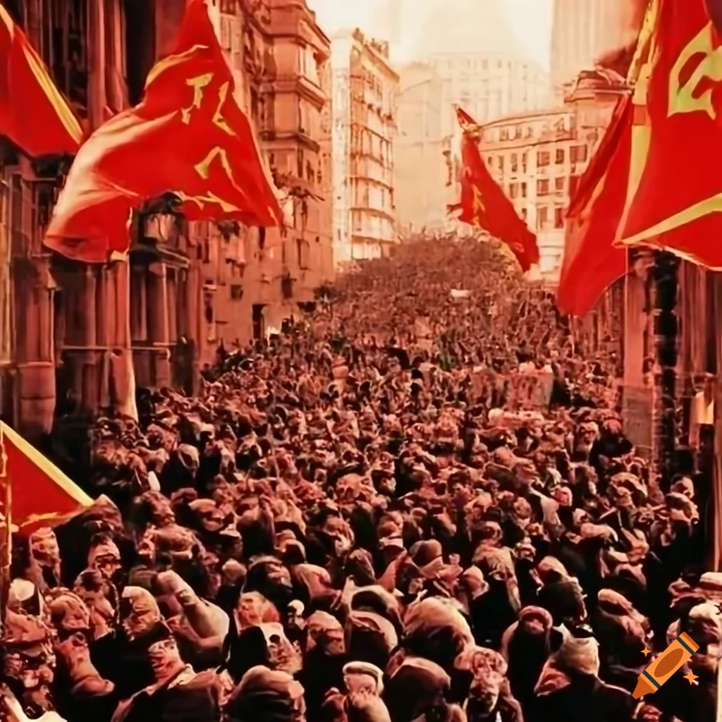 Large crowd in petrograd in front of a soviet flag telling their praises