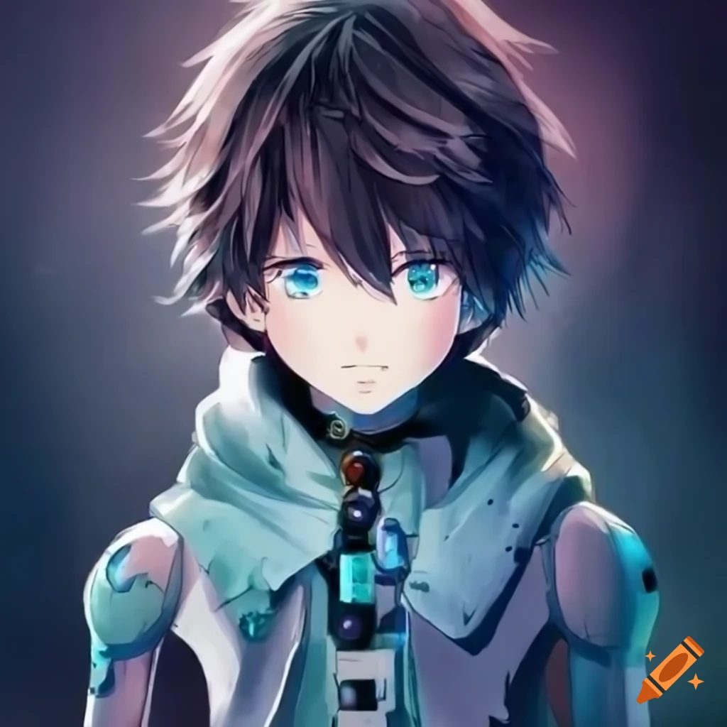 Anime boy with robotic parts staring full upper body on Craiyon