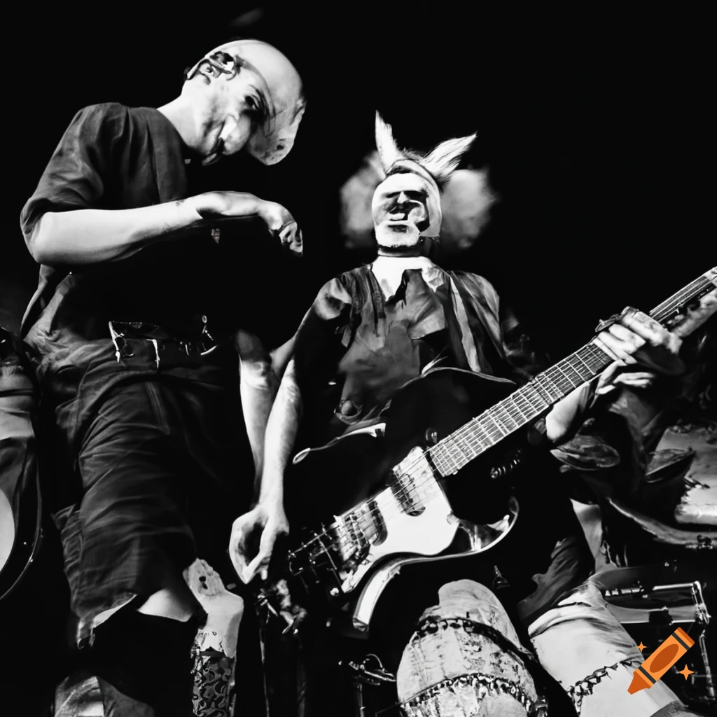 Punk mosh pit full of clowns playing guitar black and white on Craiyon