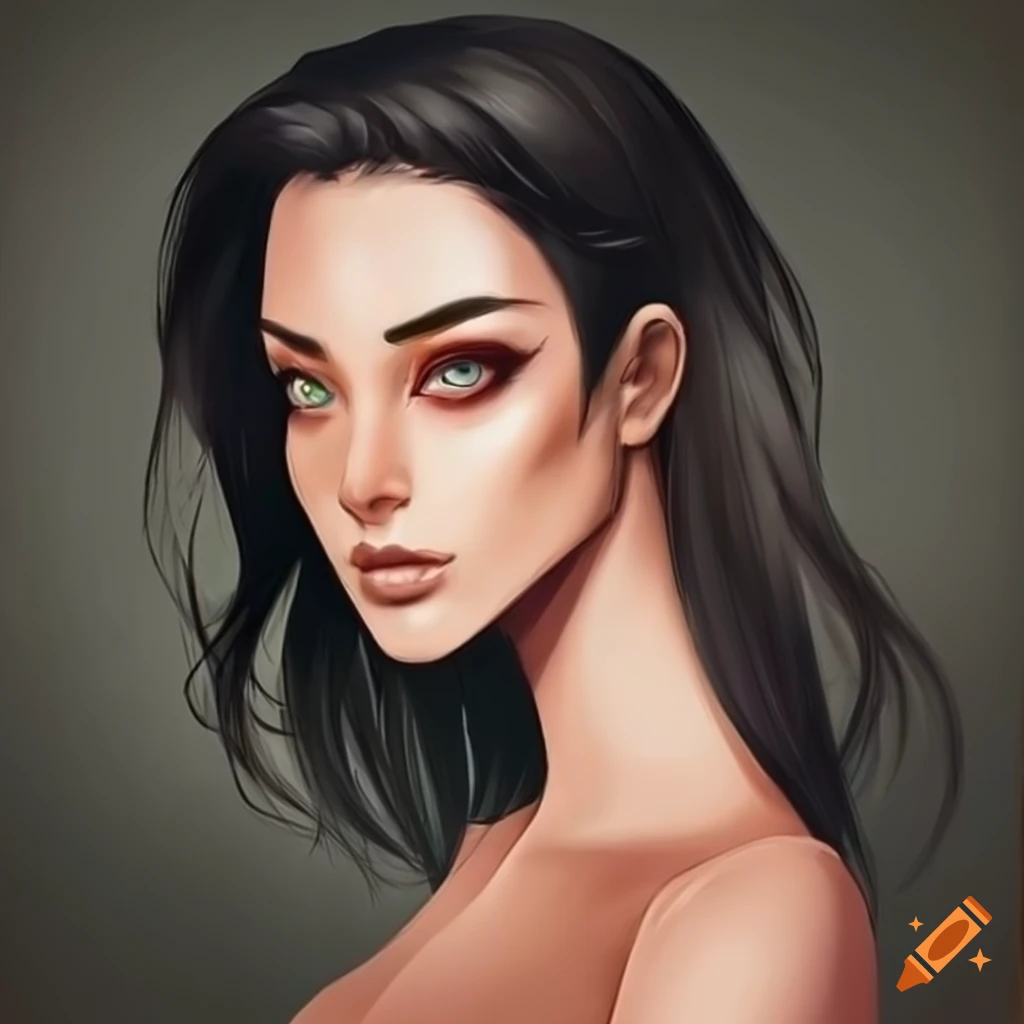Artistic asami sato with green eyes and high cheekbones looking chic