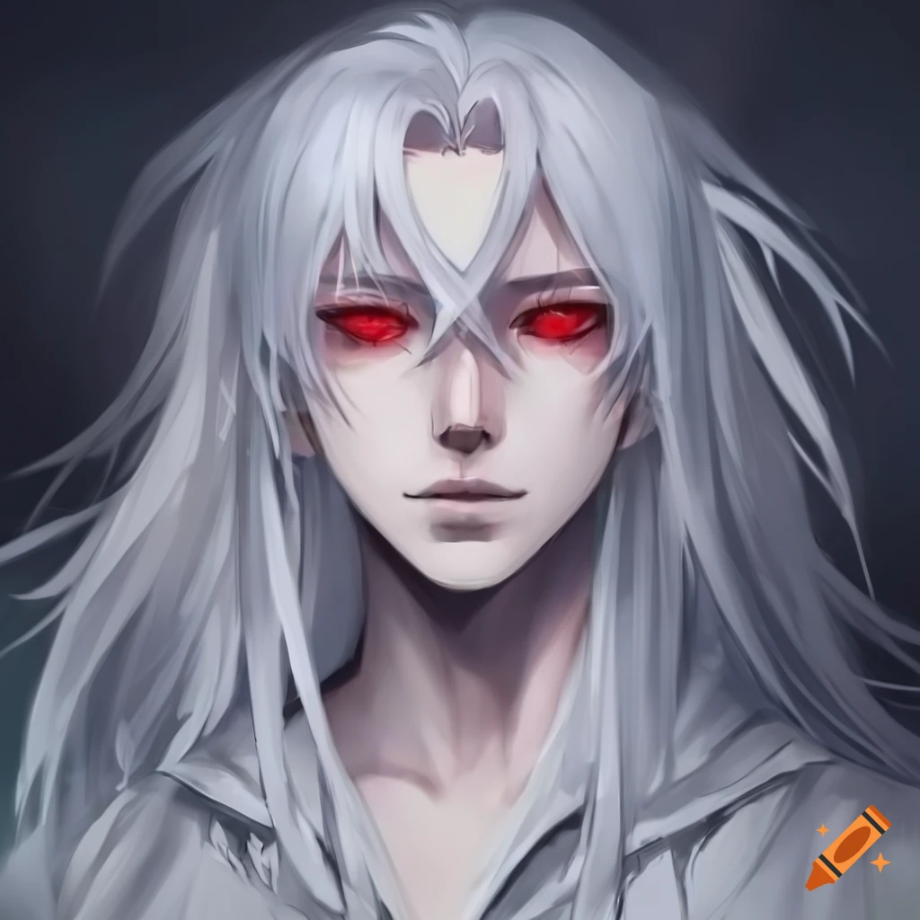 Male, long white hair, red eyes, pale white skin, realism anime on Craiyon
