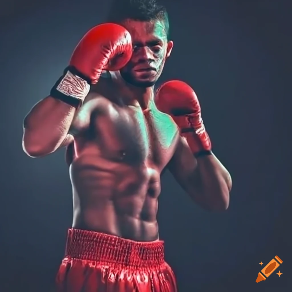 A black, ripped boxer with red boxing gloves, in the night, sweating ...