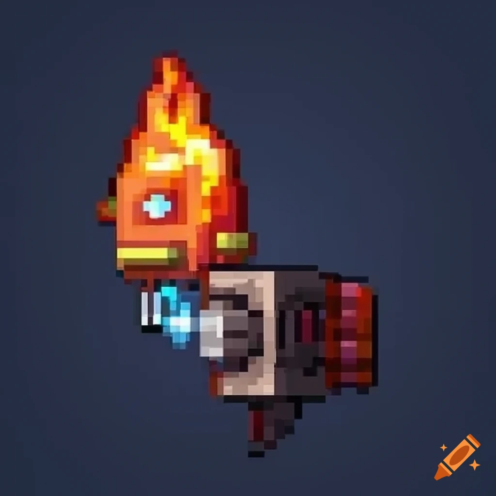 Pixel art jetpack with flame from pipe on Craiyon