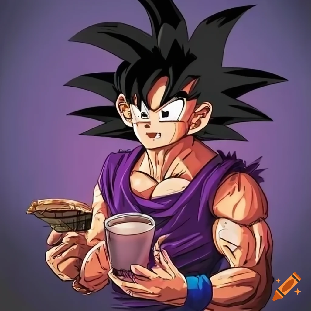 Grimace and goku in a friendly meeting at a cafe on Craiyon