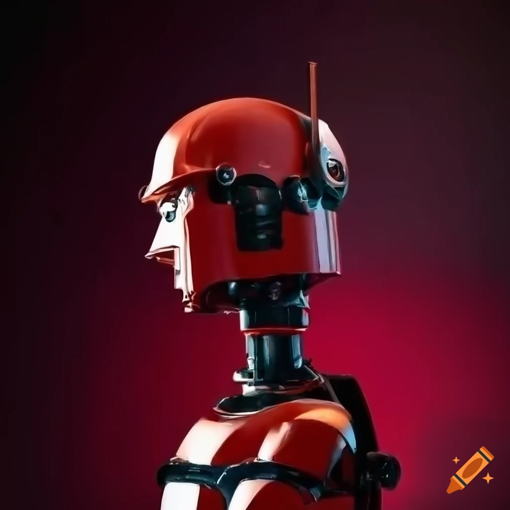 Automaton robot with glass head, antennas in glass head, red background ...